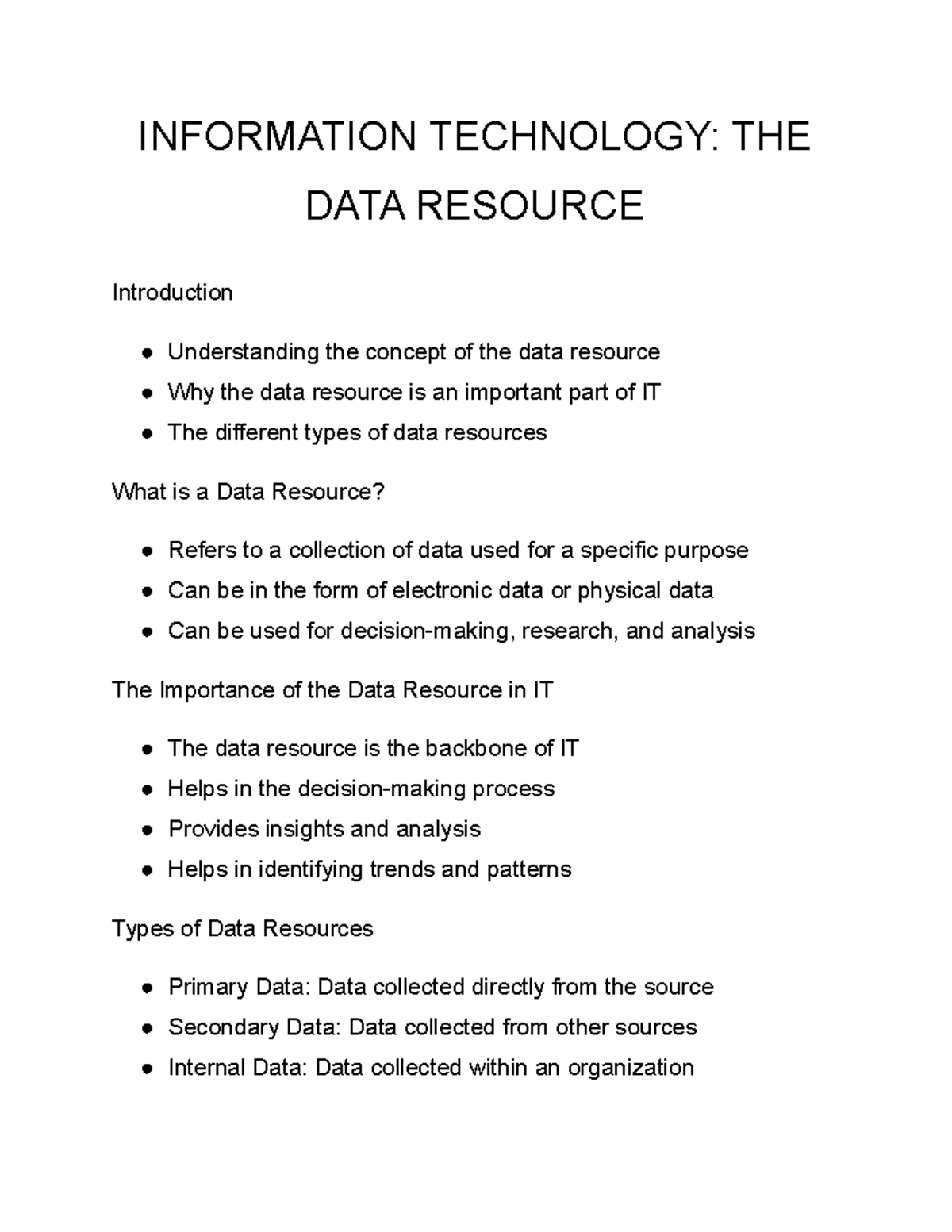Information Technology THE DATA Resource - INFORMATION TECHNOLOGY: THE DATA RESOURCE ...