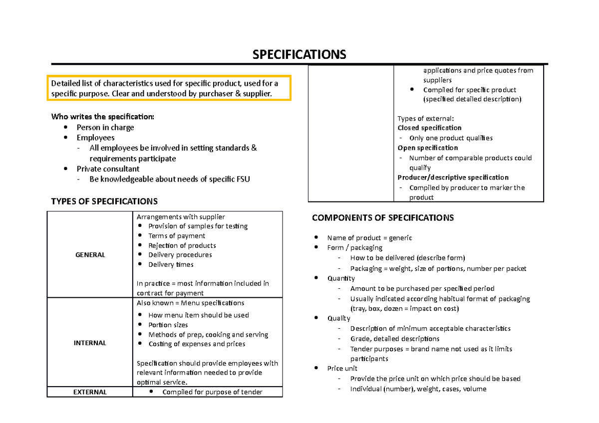 Specifications study notes - SPECIFICATIONS Detailed list of ...