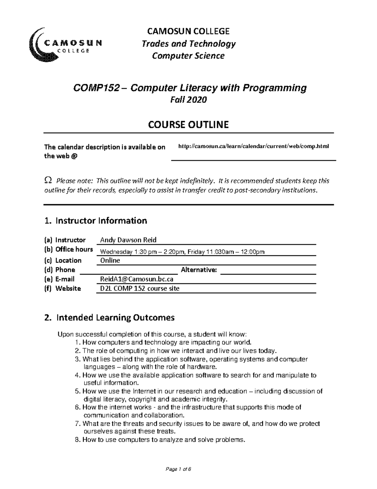 COMP 152 D01 Andy Dawson Reid - CAMOSUN COLLEGE Trades and Technology ...