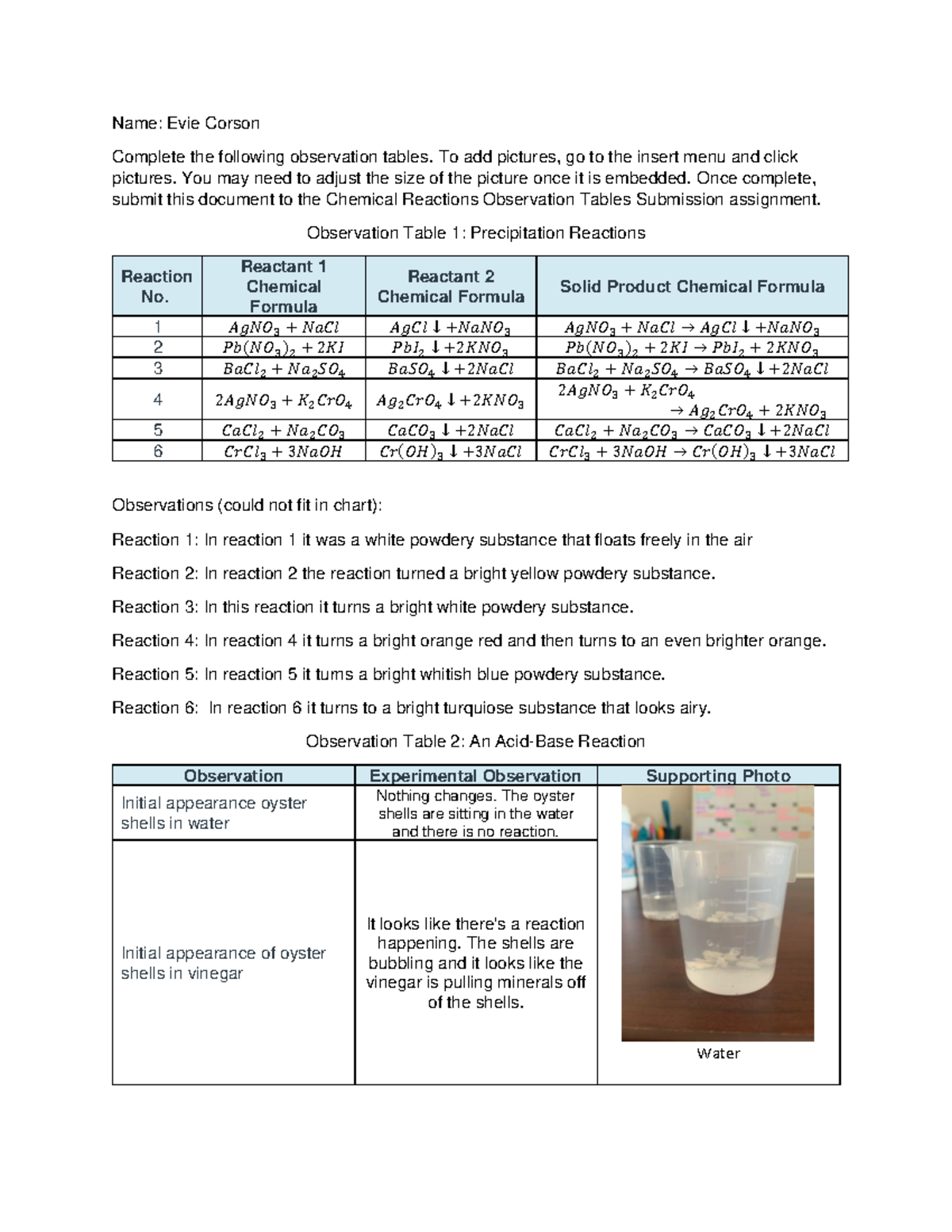 Module 7 - Chemical Reactions Observation Tables - Name: Evie Corson ...