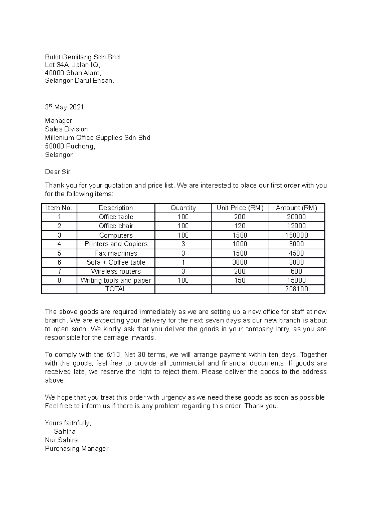 EWC662 Letter of purchase practice - Bukit Gemilang Sdn Bhd Lot 34A ...