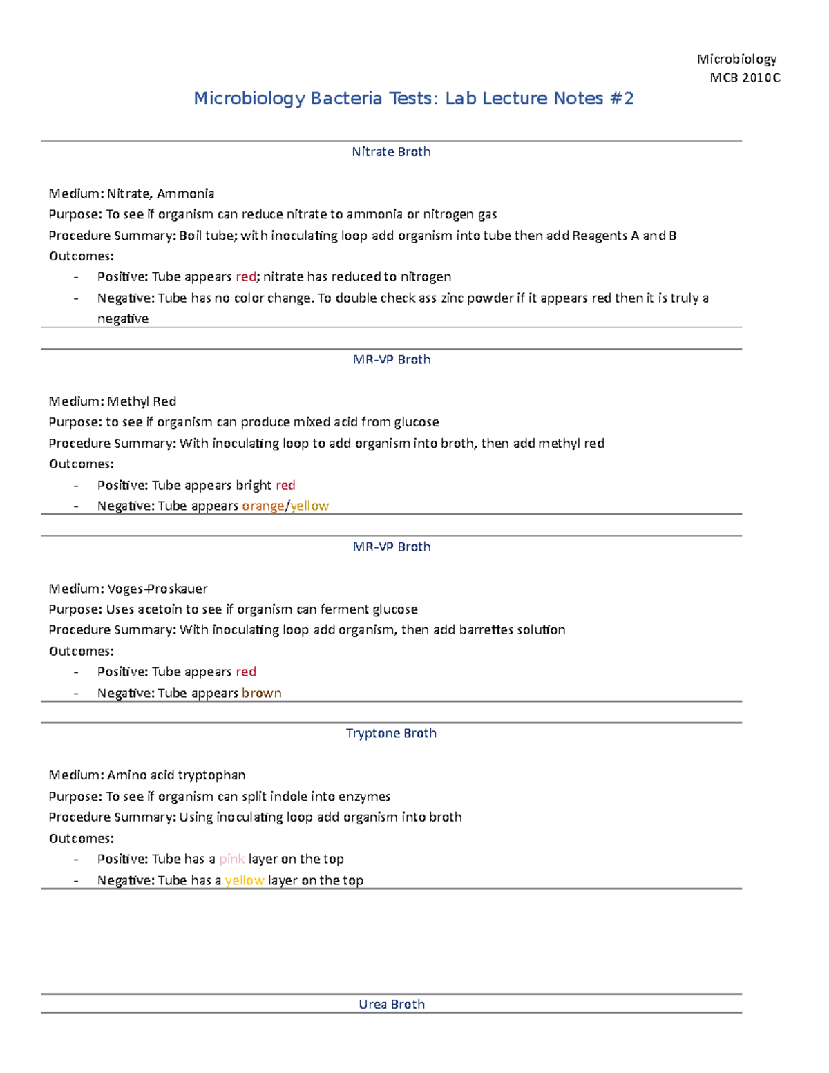 Lab Lecture 2: Bacteria Tests Part 2 - Microbiology MCB 2010C ...