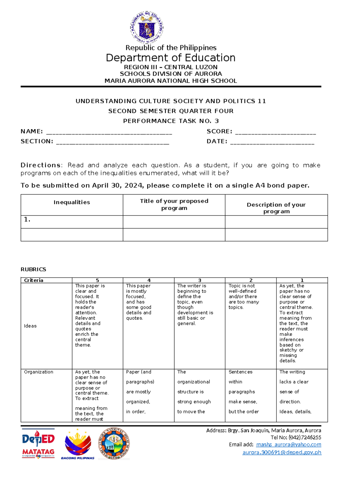 Performance-3 - bbbbbbh - Republic of the Philippines Department of ...