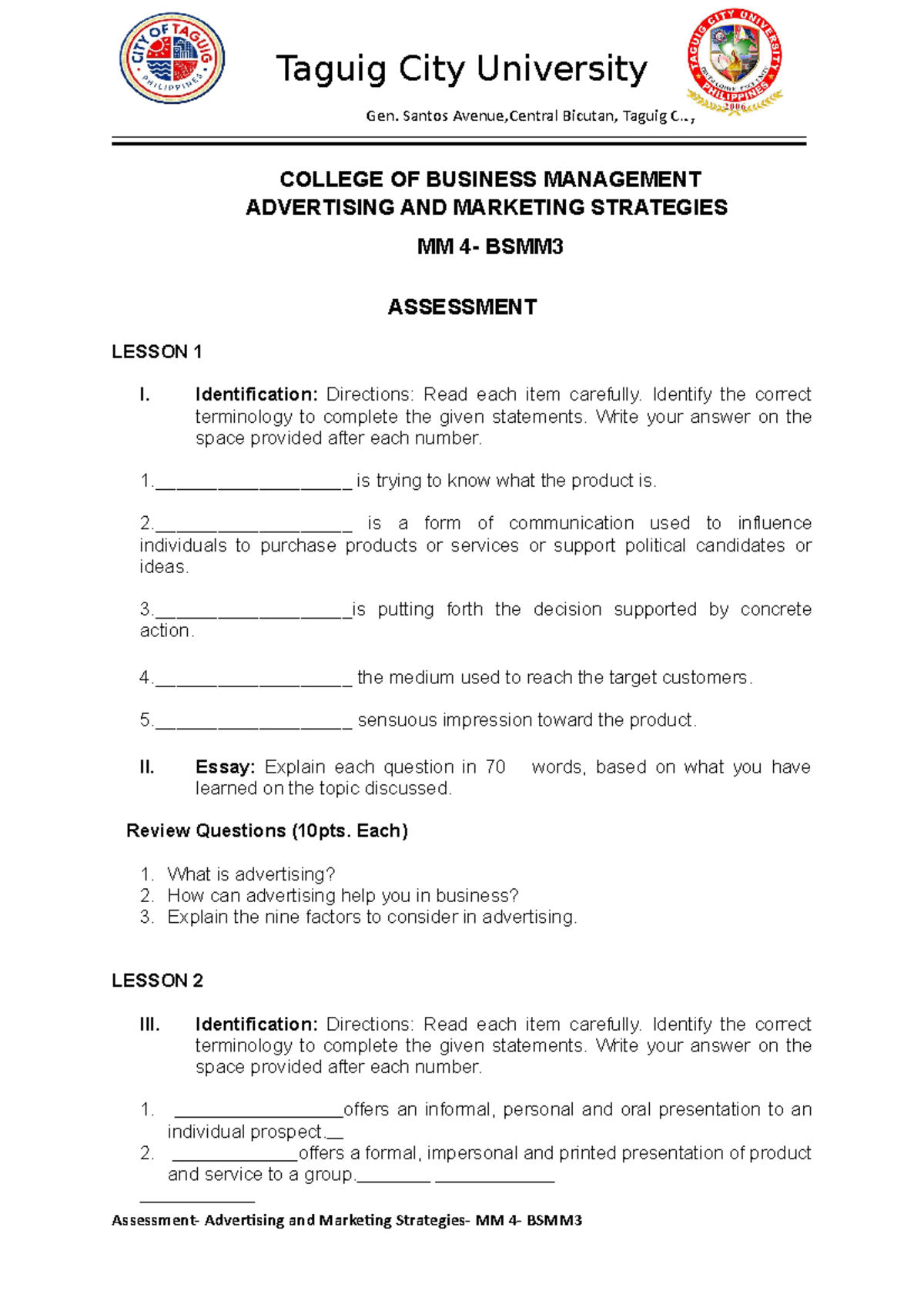 Assessment on Advertising Module 1: Introduction in Advertising - Gen ...