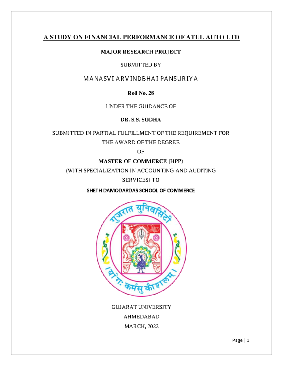 Mcom sem 4 Project work on financial performance - A STUDY ON FINANCIAL PERFORMANCE OF ATUL AUTO ...