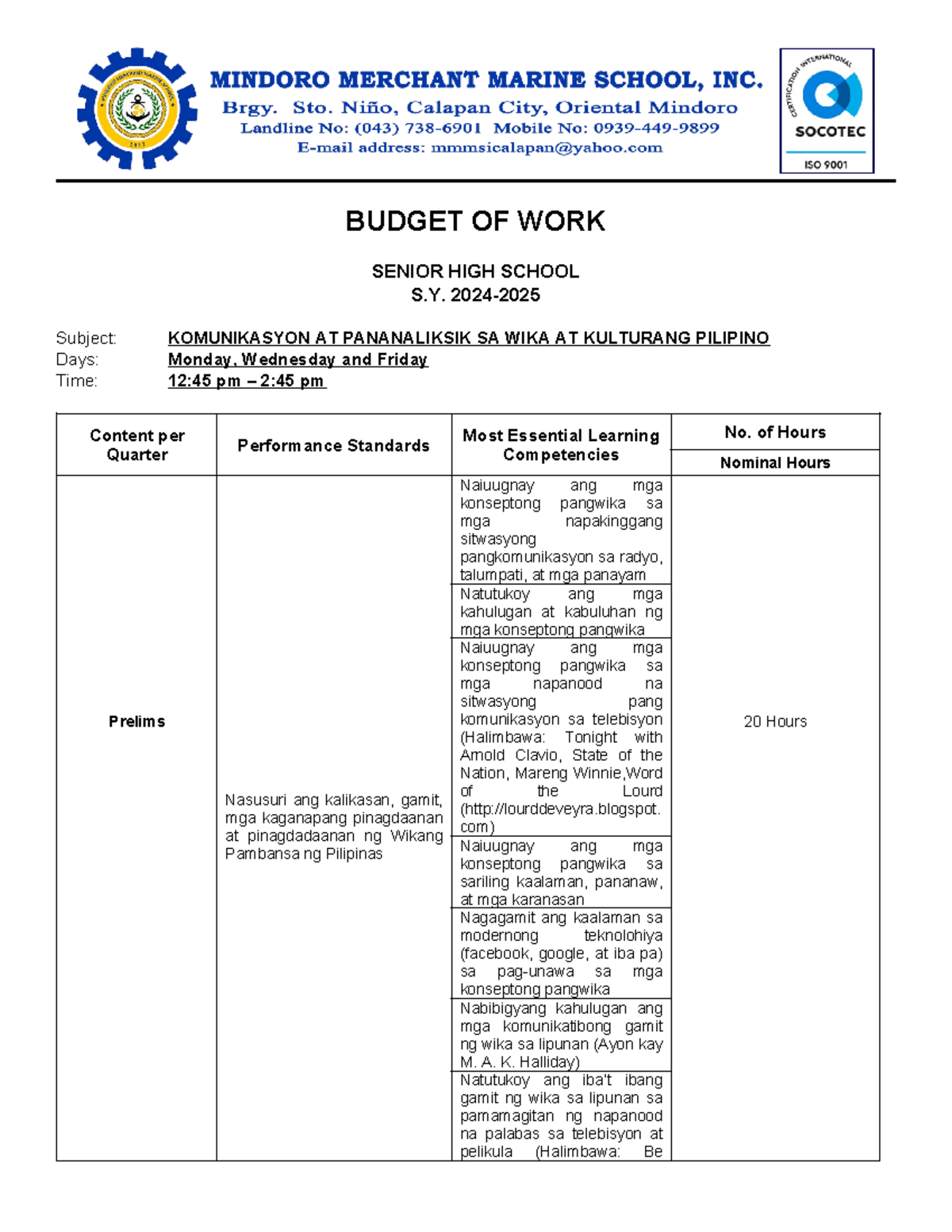 Budget OF WORK (Fil1) core subject - BUDGET OF WORK SENIOR HIGH SCHOOL ...