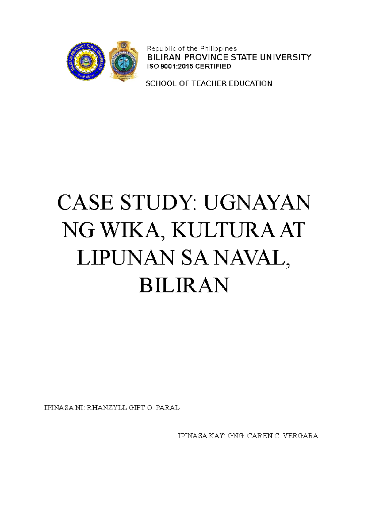 CASE Studay Case Study Republic Of The Philippines BILIRAN PROVINCE