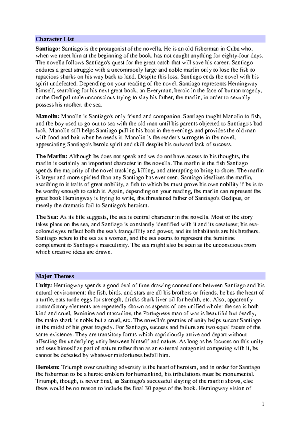 The Old Man and the sea Characters and themes - Character List Santiago ...