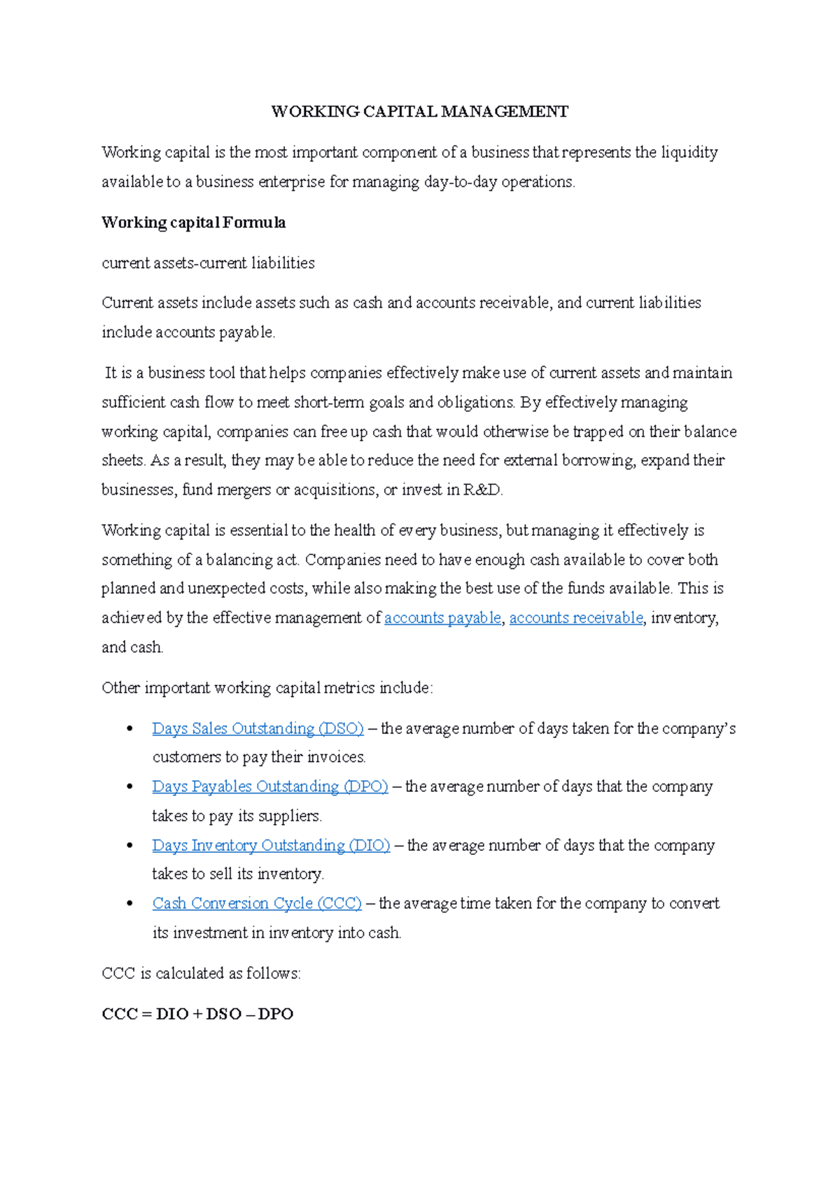Working capital Management - WORKING CAPITAL MANAGEMENT Working capital ...
