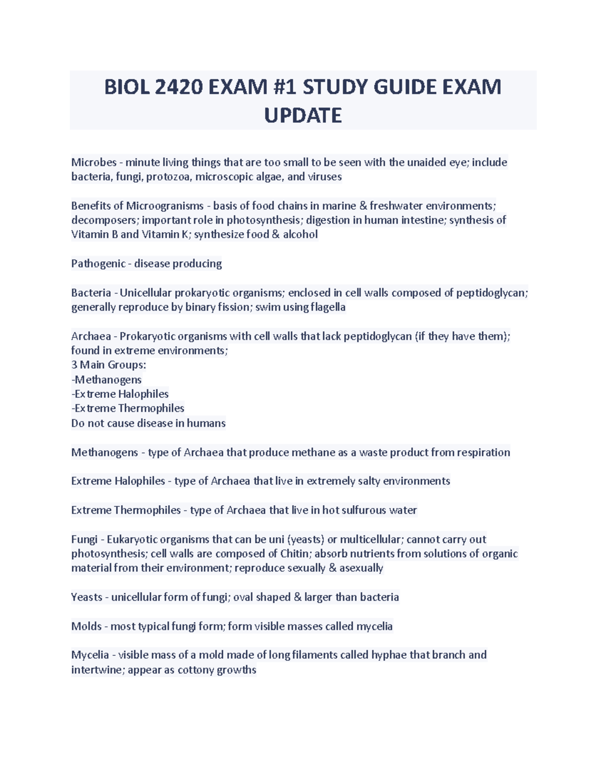 BIOL 2420 EXAM #1 Study Guide EXAM Update - BIOL 2420 EXAM #1 STUDY ...