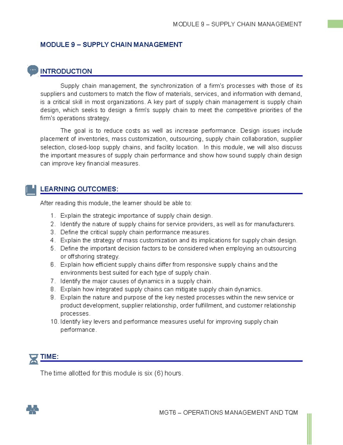 MGT6 OM and TQM - Module 9 Supply Chain Management SC - MODULE 9 ...