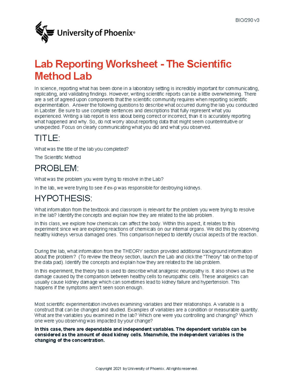 Bio290 v3 wk1 the scientific method lab - BIO/290 v Lab Reporting Worksheet - The Scientific ...