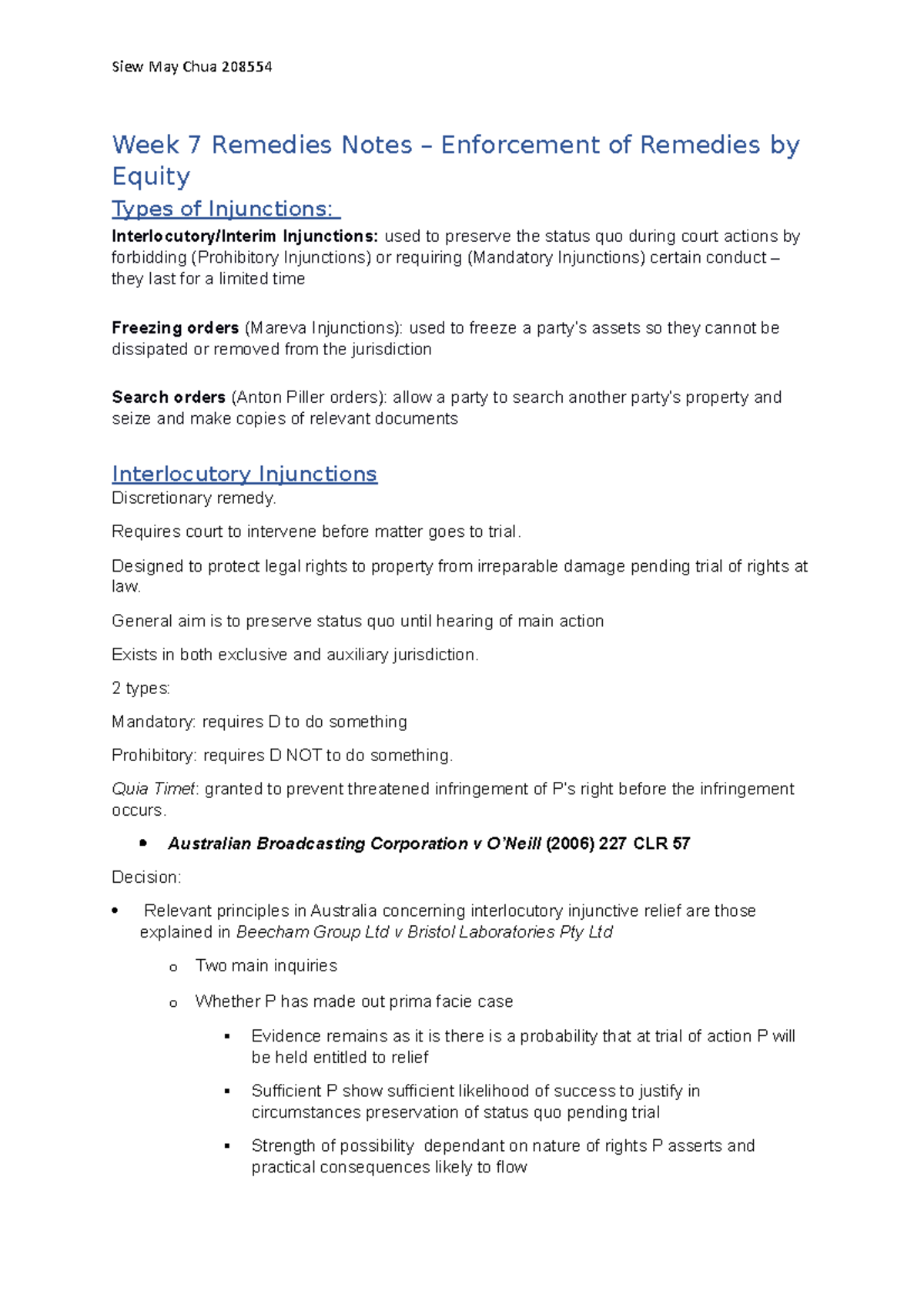 Week 7 Remedies Notes - Week 7 Remedies Notes – Enforcement of Remedies ...