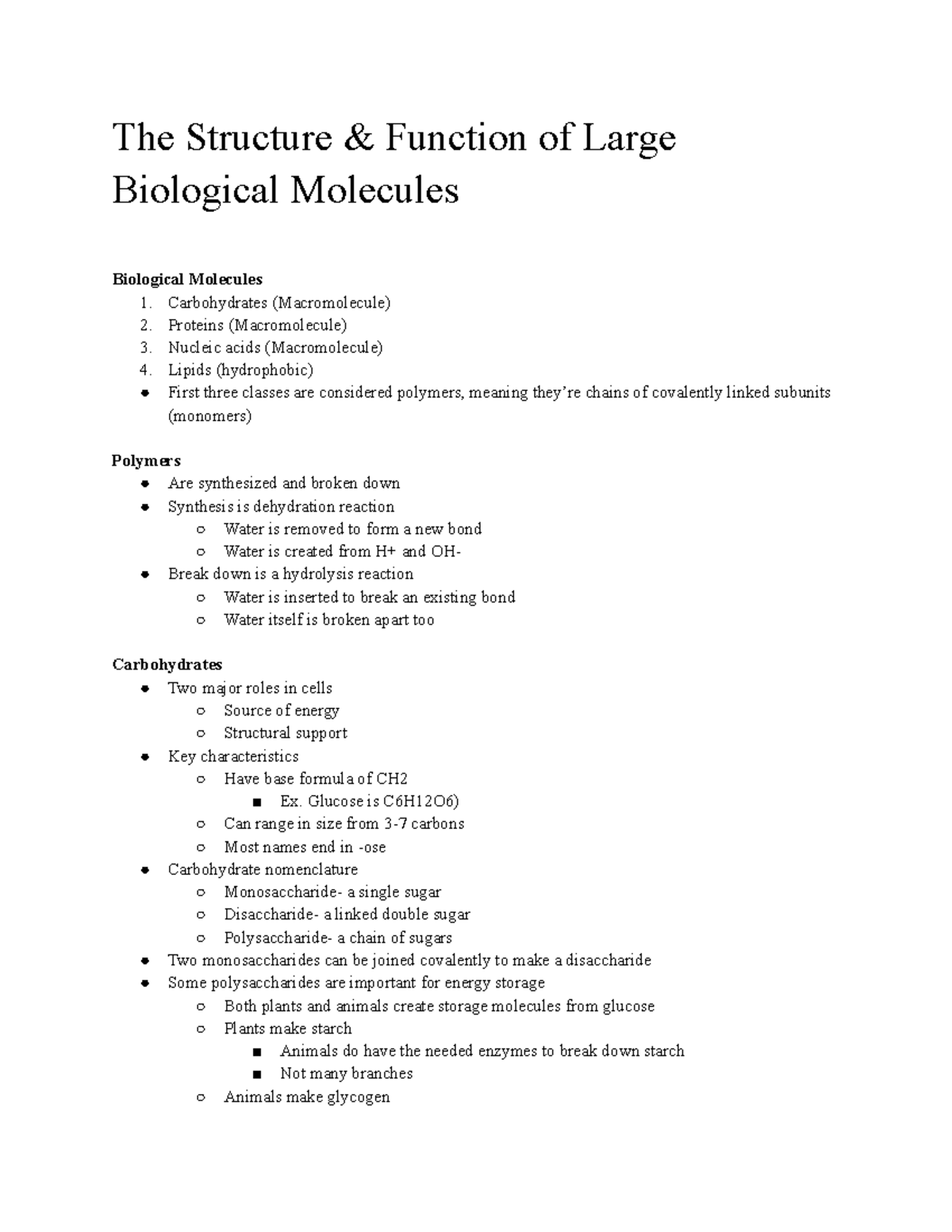 Molecules Notes - The Structure & Function of Large Biological ...