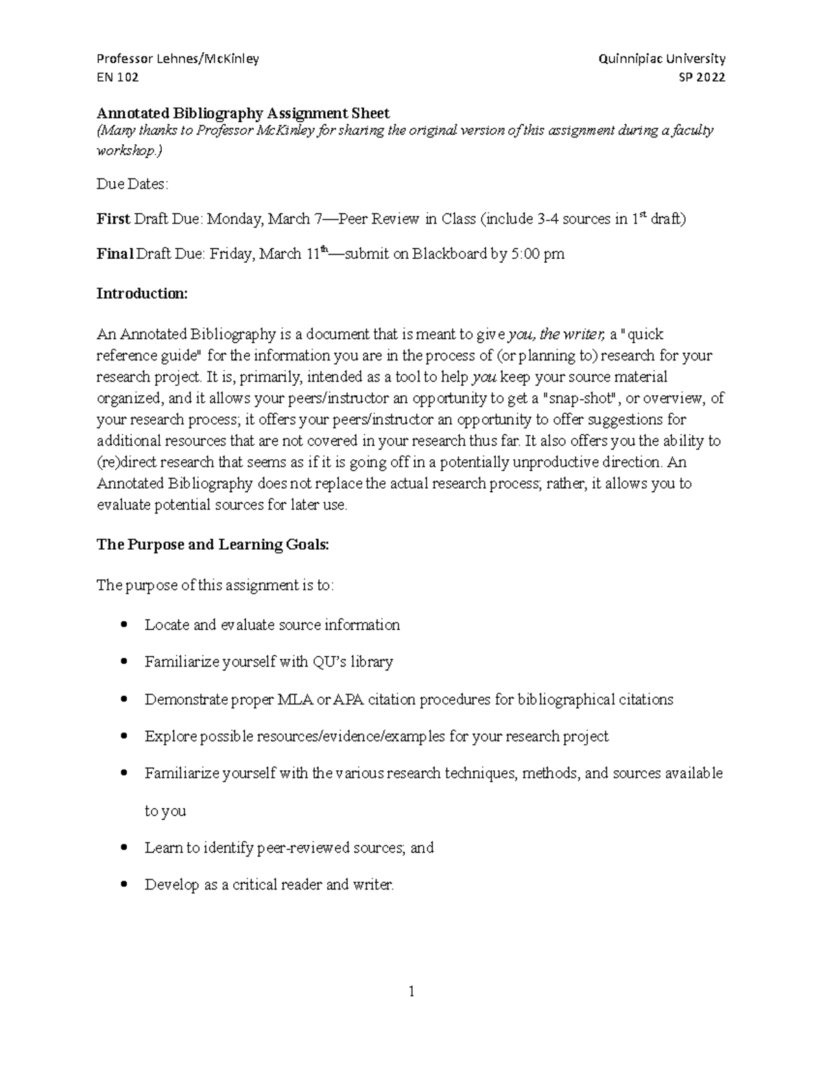 Annotated Bibliography Assignment Sheet And Rubric SP 22 - EN 102 SP ...