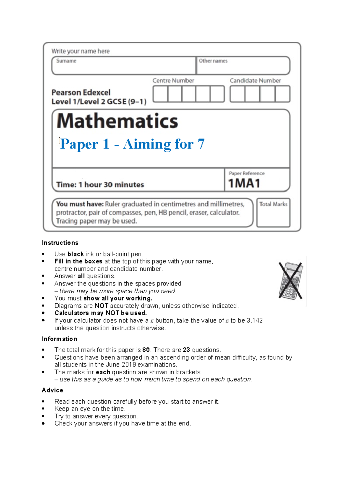 1a - Paper 1 Non-Calculator Aiming for Grade 7 - Question Paper ...
