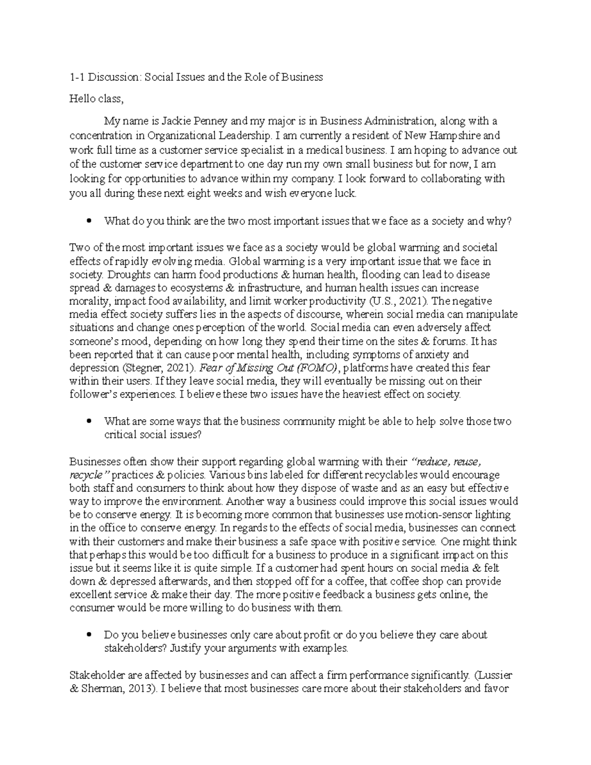 1-1 Discussion Board Social Issues and the Role of Business - 1-1 ...