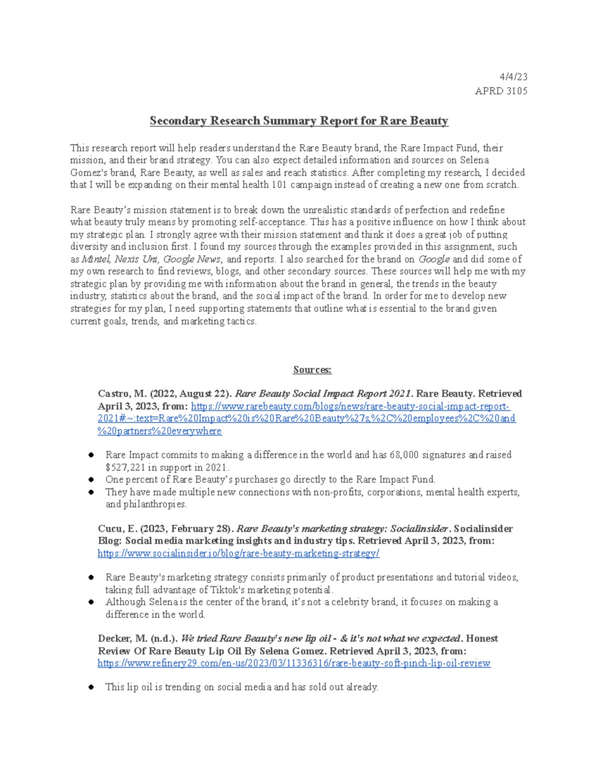 Secondary Research Summary Report for Rare Beauty - You can also expect ...