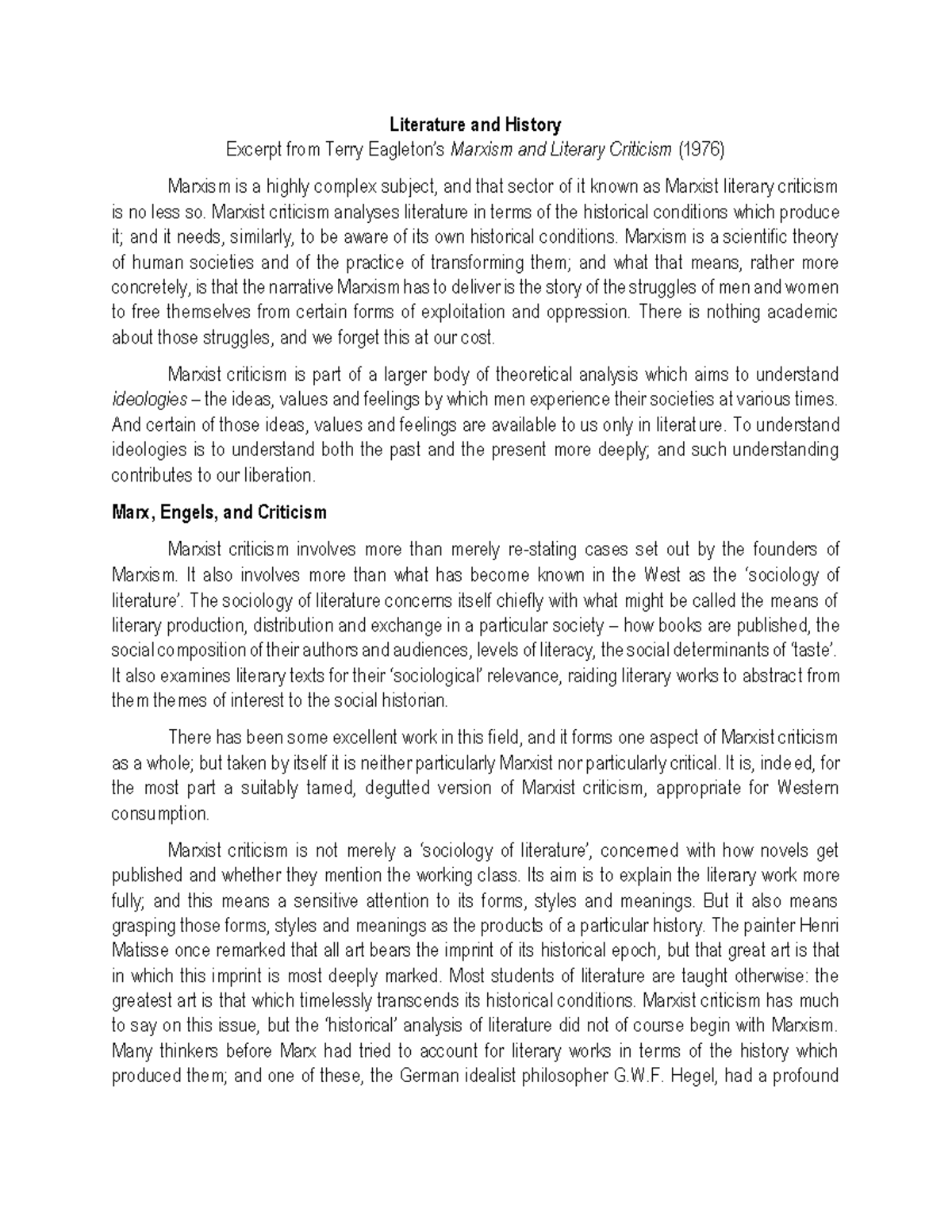 Marxism Introductory Text Terry Eagleton Marxism and Literary Criticism ...