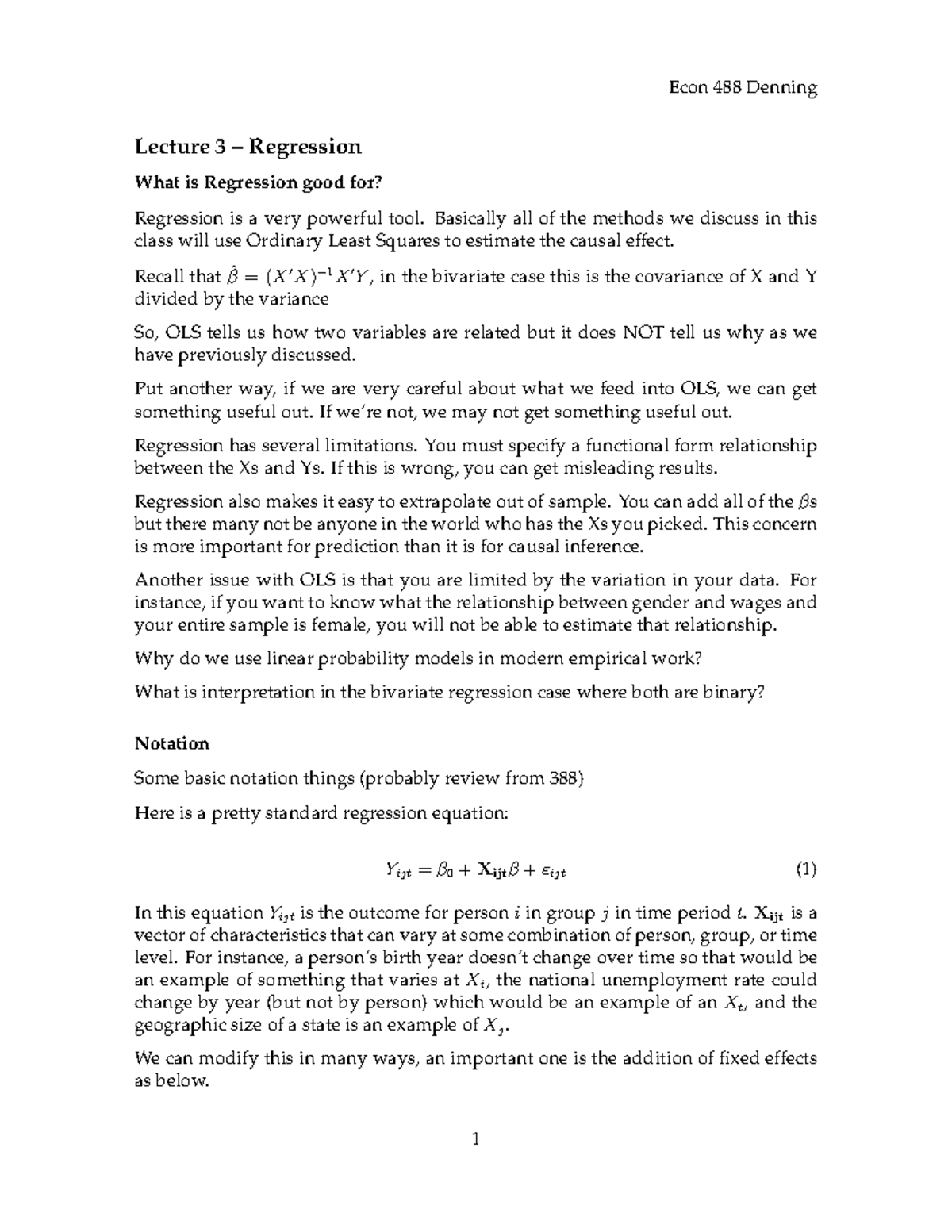Lecture 3 Regression This Is For Jeff Dennings Applied Econometrics Class Which Is Now Econ