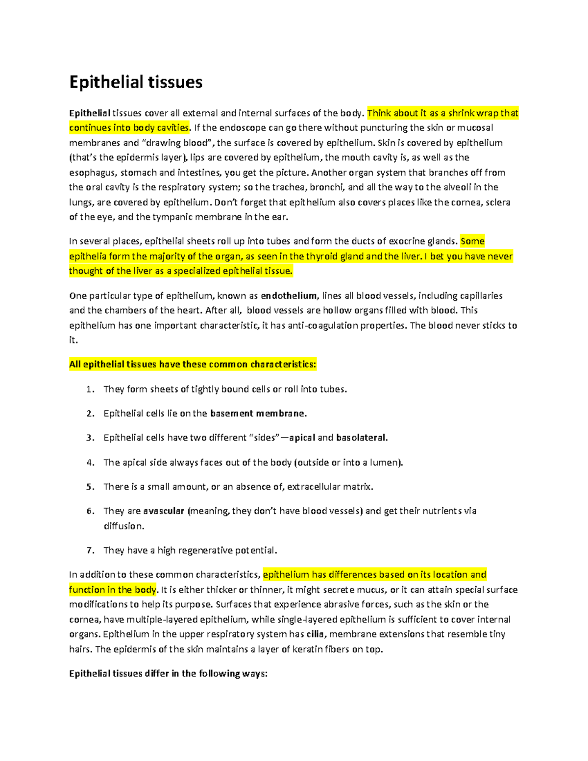 Epithelial tissue- Lecture Notes - Epithelial tissues Epithelial ...