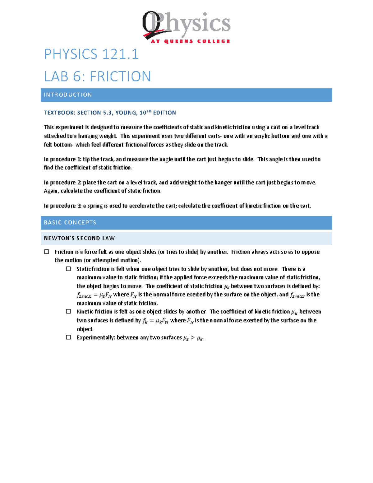 Phys121-Lab 06-Friction - PHYSICS 121. LAB 6: FRICTION INTRODUCTION ...