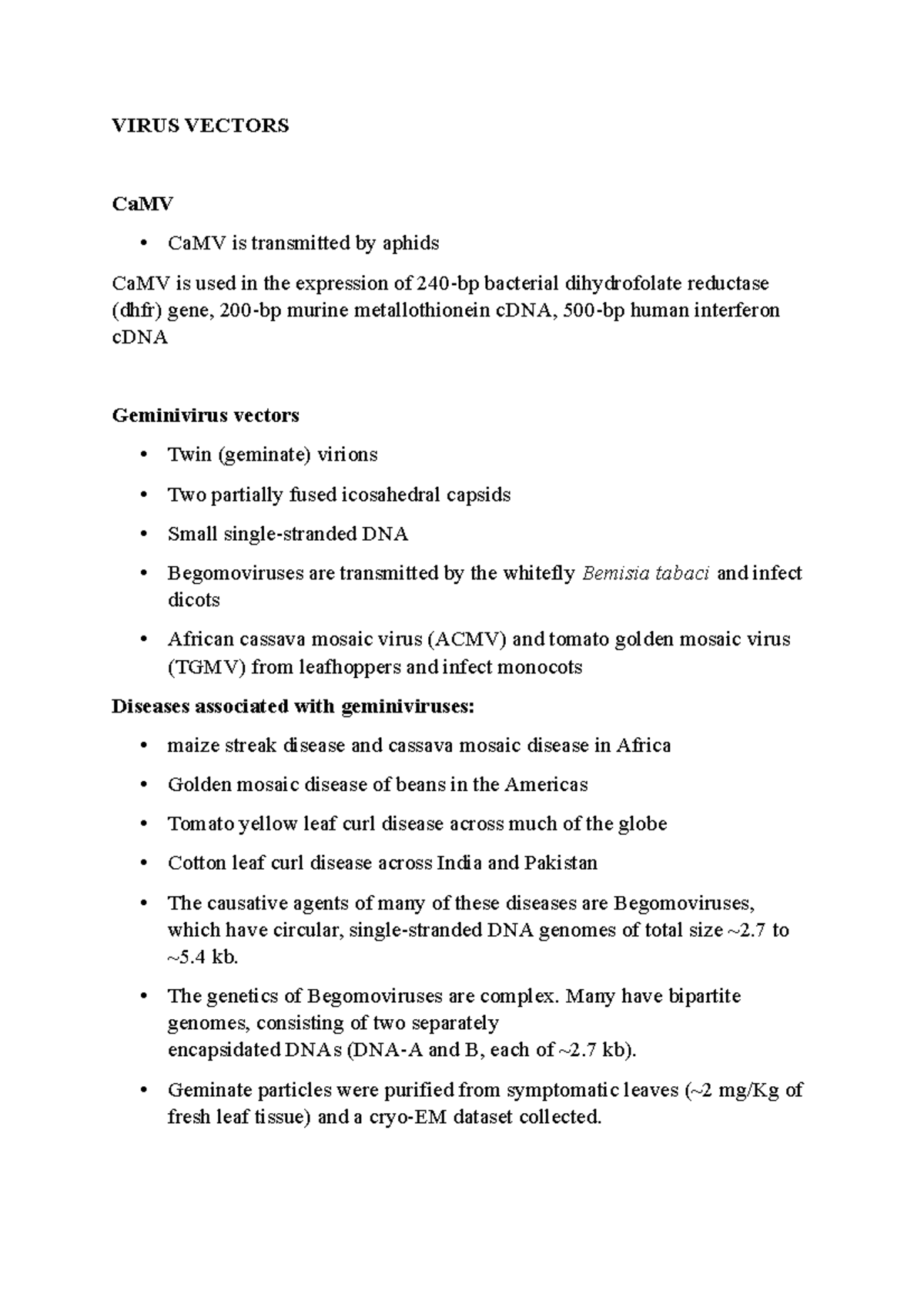 Virus Vectors - VIRUS VECTORS CaMV CaMV is transmitted by aphids CaMV ...