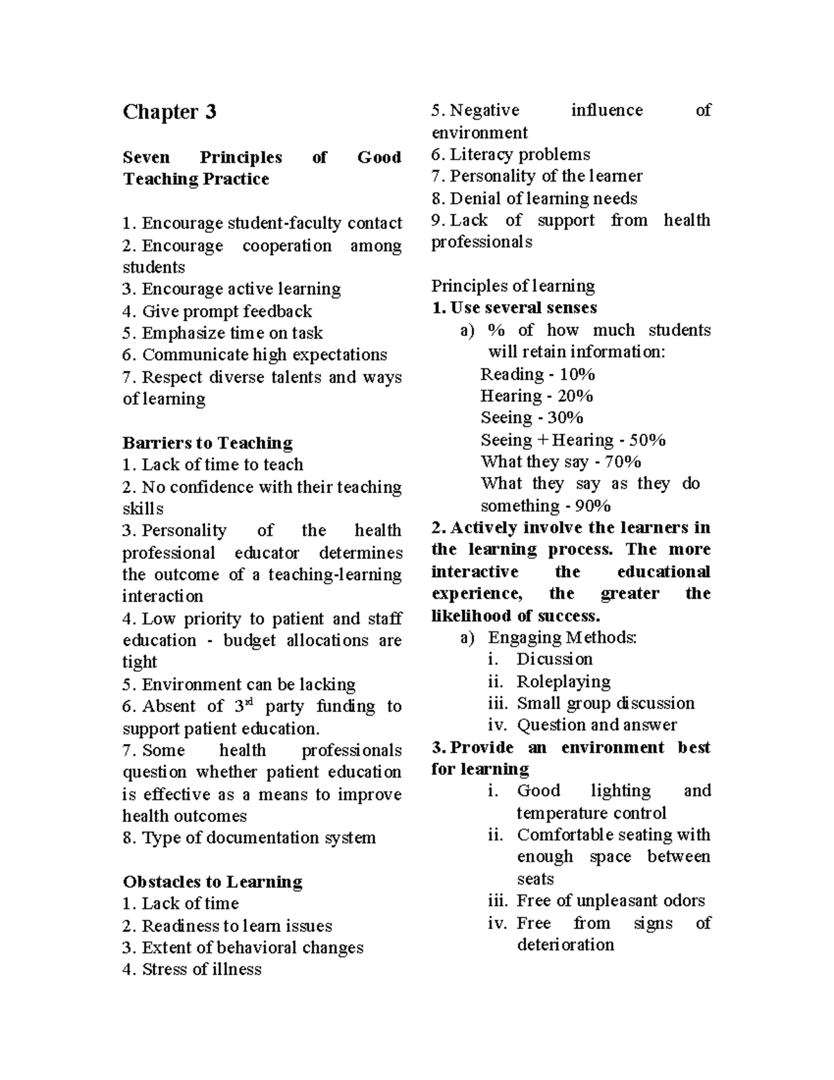 Chapter 3 and 4 notes - Chapter 3 Seven Principles of Good Teaching ...