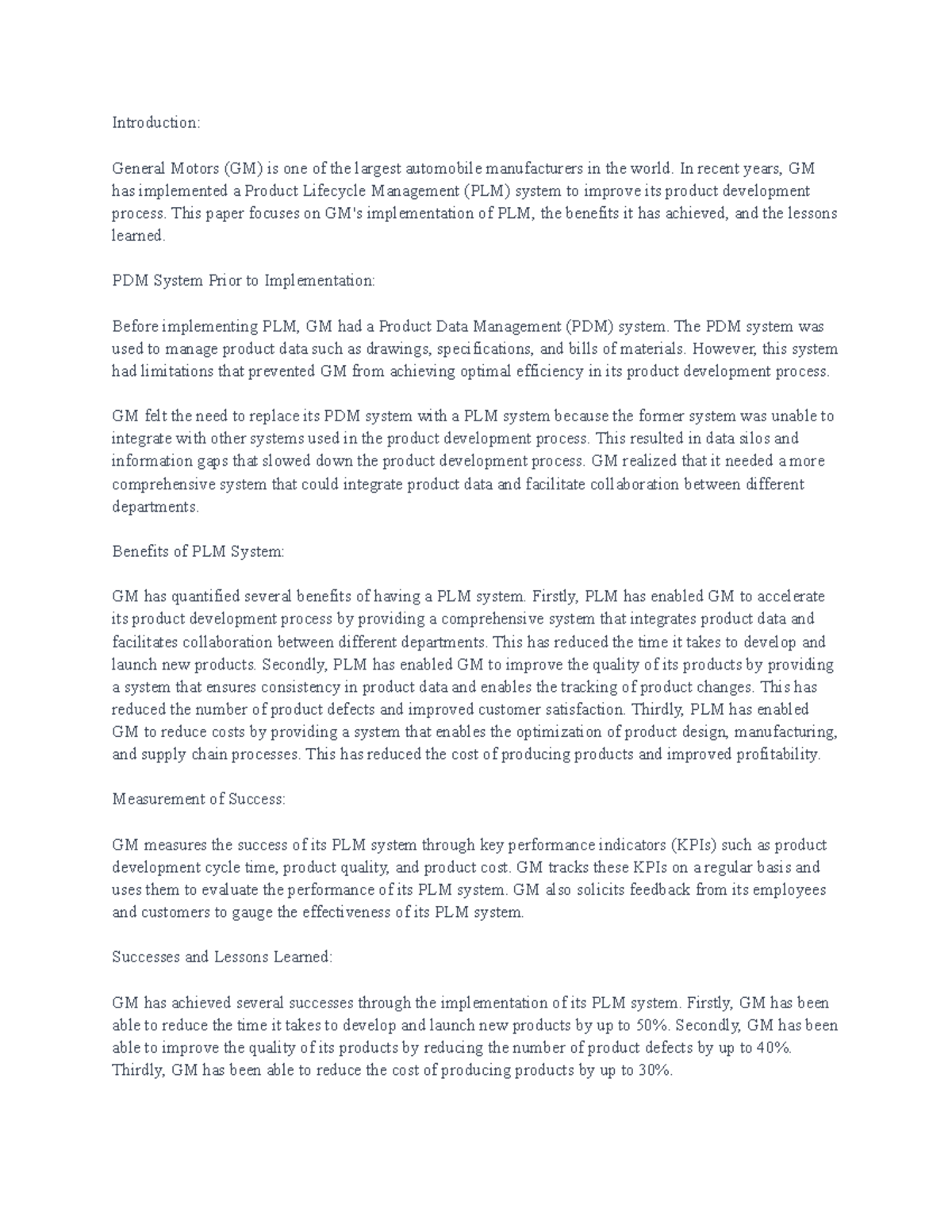 PLM/SCM Case study - Introduction: General Motors (GM) is one of the ...
