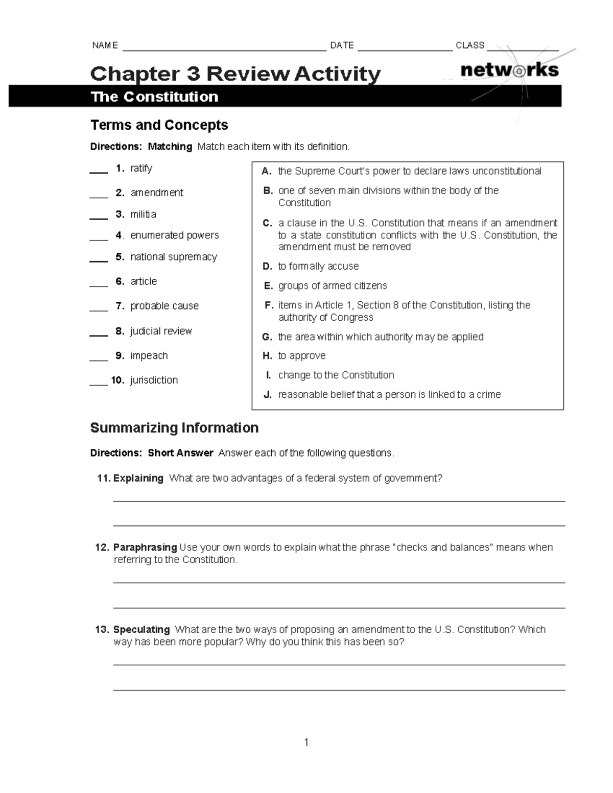 Chapter 3 The Constitution Review Activity - NAME DATE CLASS Chapter 3 ...