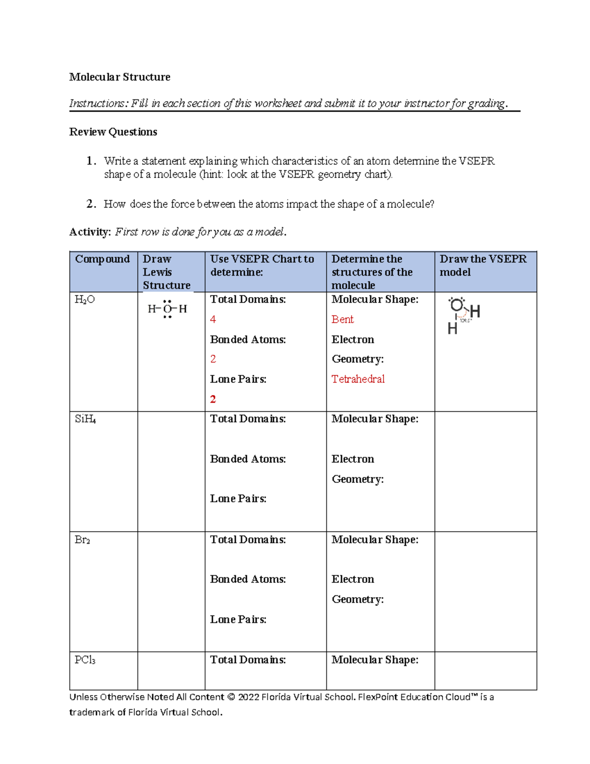 Molecular Structure Worksheet Molecular Structure Instructions Fill