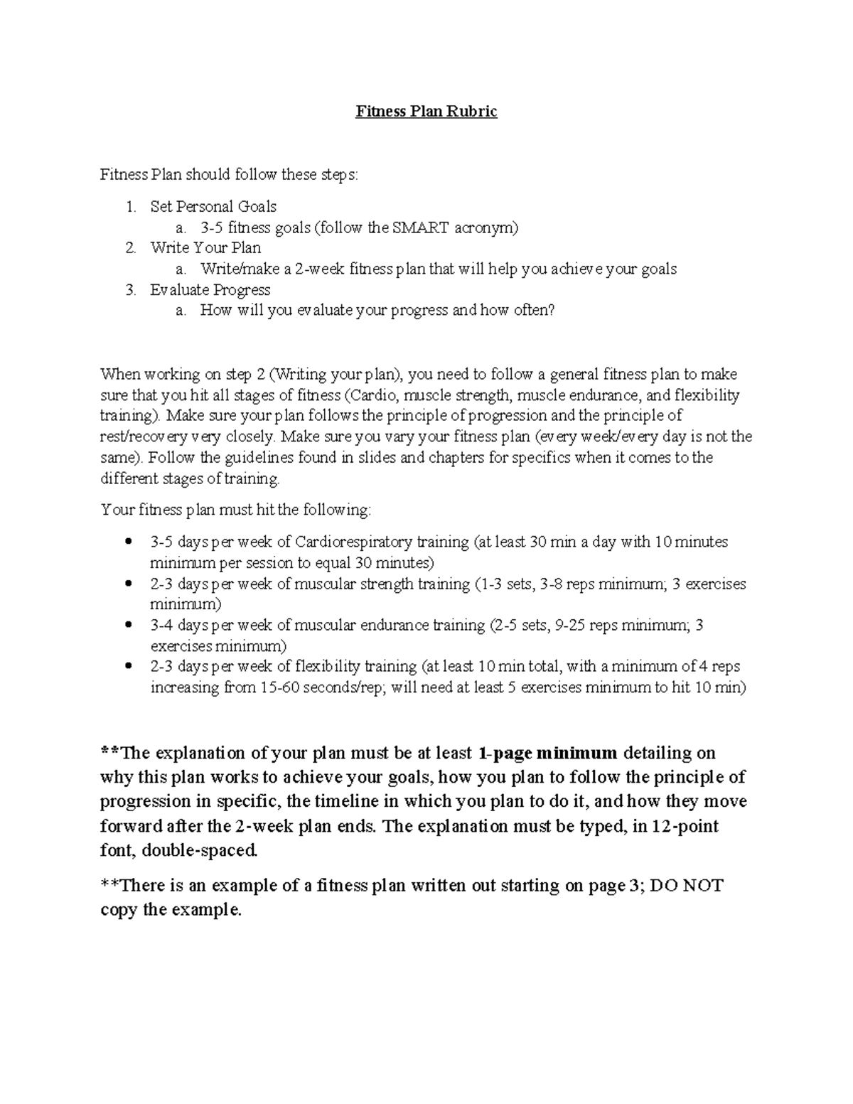 Fitness Plan - plan - Fitness Plan Rubric Fitness Plan should follow ...
