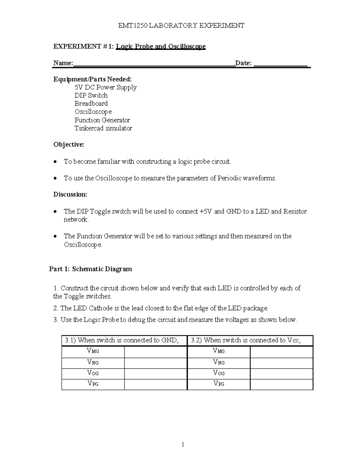EMT 1250L Ex1 - EMT1250 LABORATORY EXPERIMENT 1 EXPERIMENT # 1: Logic Probe and Oscilloscope ...