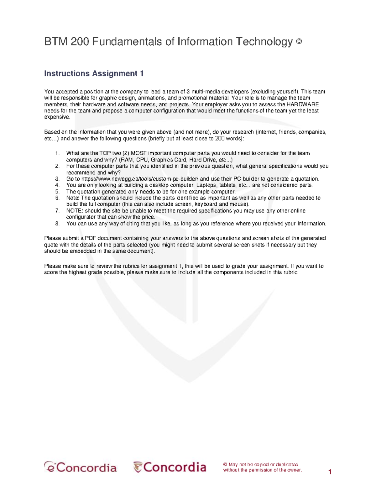 Assignment 1 instructions - 1 © May not be copied or duplicated without the permission of the ...