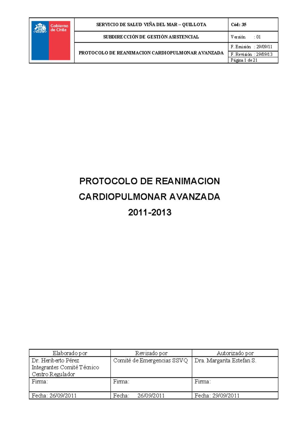 Protocolo RCP - SERVICIO DE SALUD VIÑA DEL MAR – QUILLOTA Cód: 35 ...
