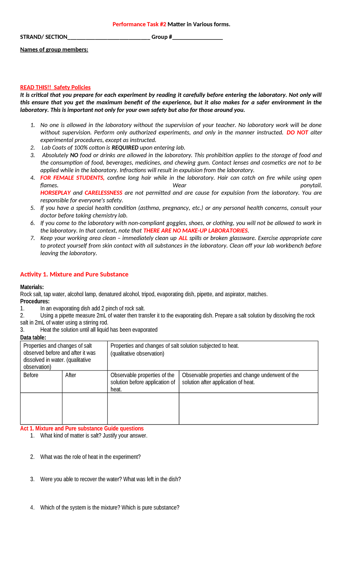 Performance task 2 Matter in various forms - Performance Task #2 Matter ...