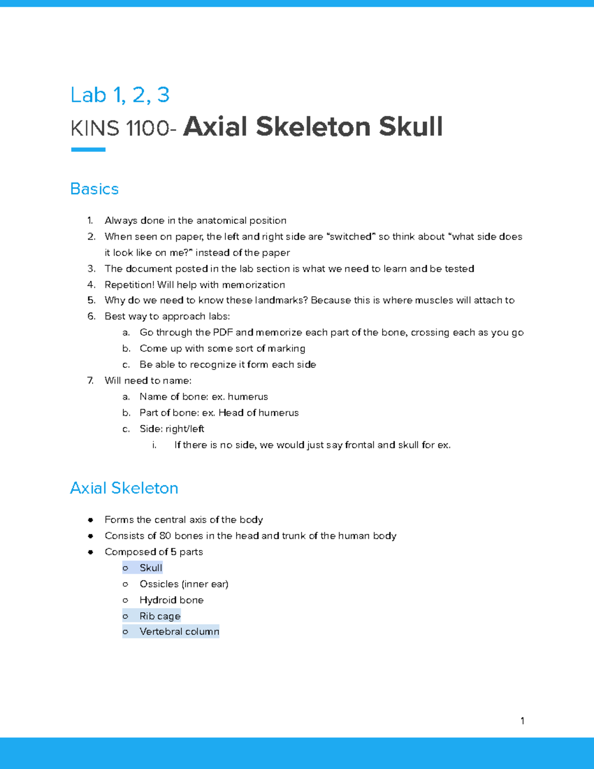 Lab 1, 2, 3- Axial Skeleton - Lab 1, 2, 3 KINS 1100- Axial Skeleton ...
