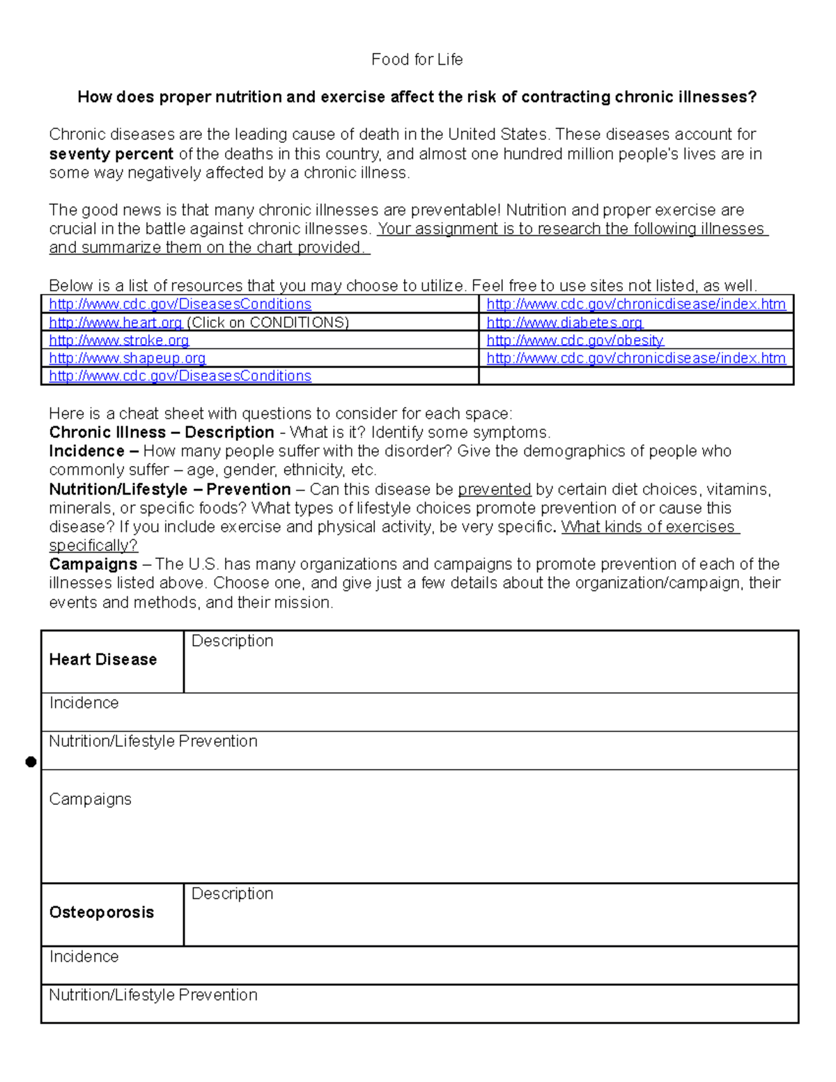 Assignment Chronic Illness Research Chart - Food for Life How does ...