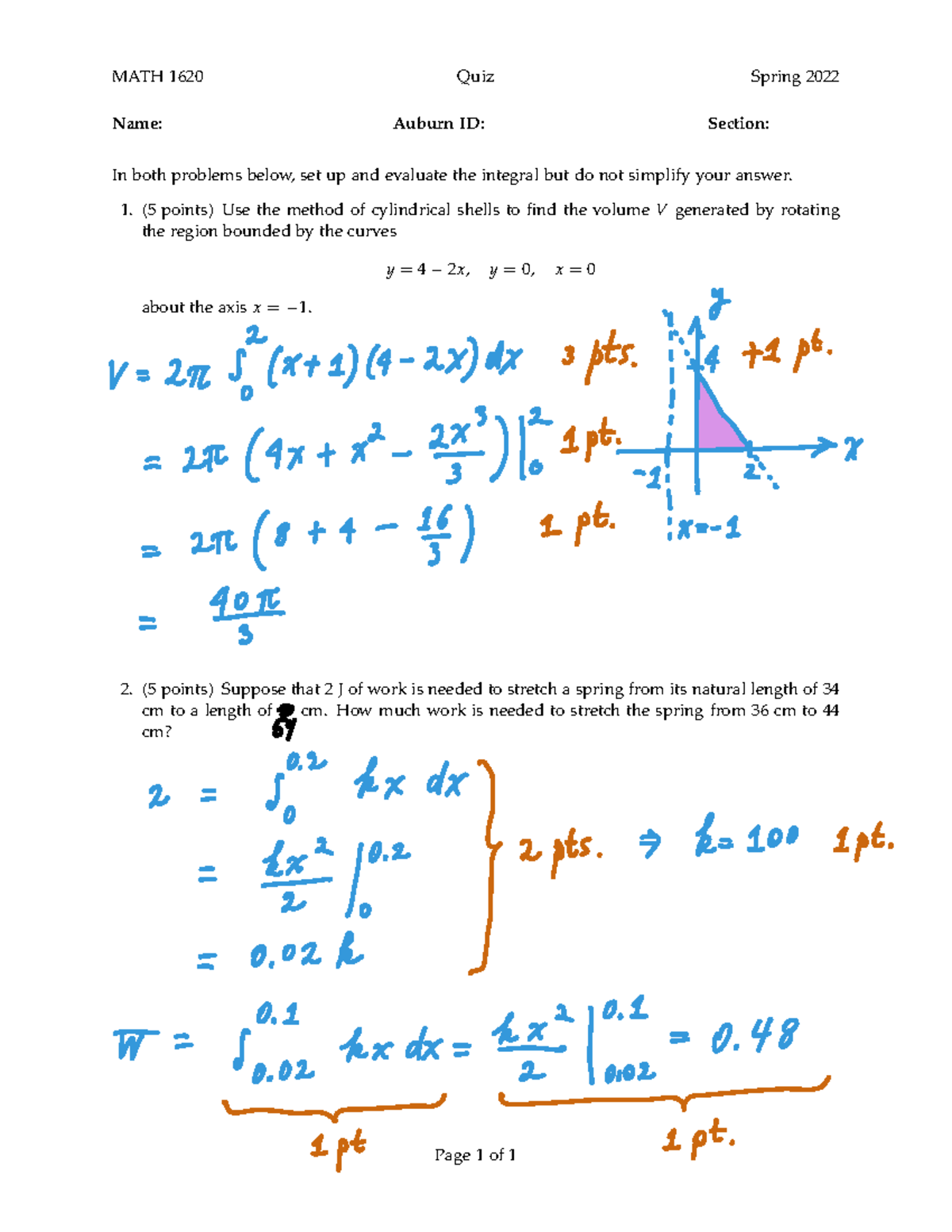 Quiz Example with Solutions - MATH 1620 Quiz Spring 2022 Name: Auburn ...