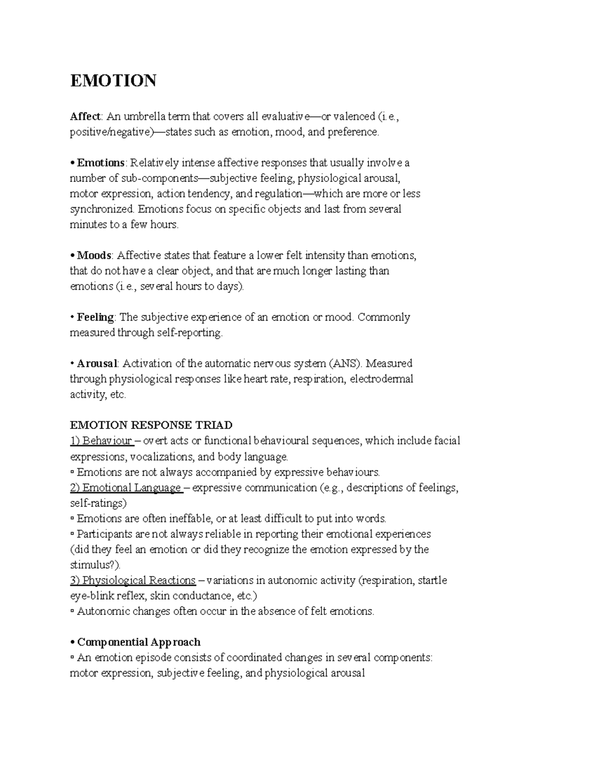 Mumt Notes Emotion Lecture Emotion Affect An Umbrella Term That