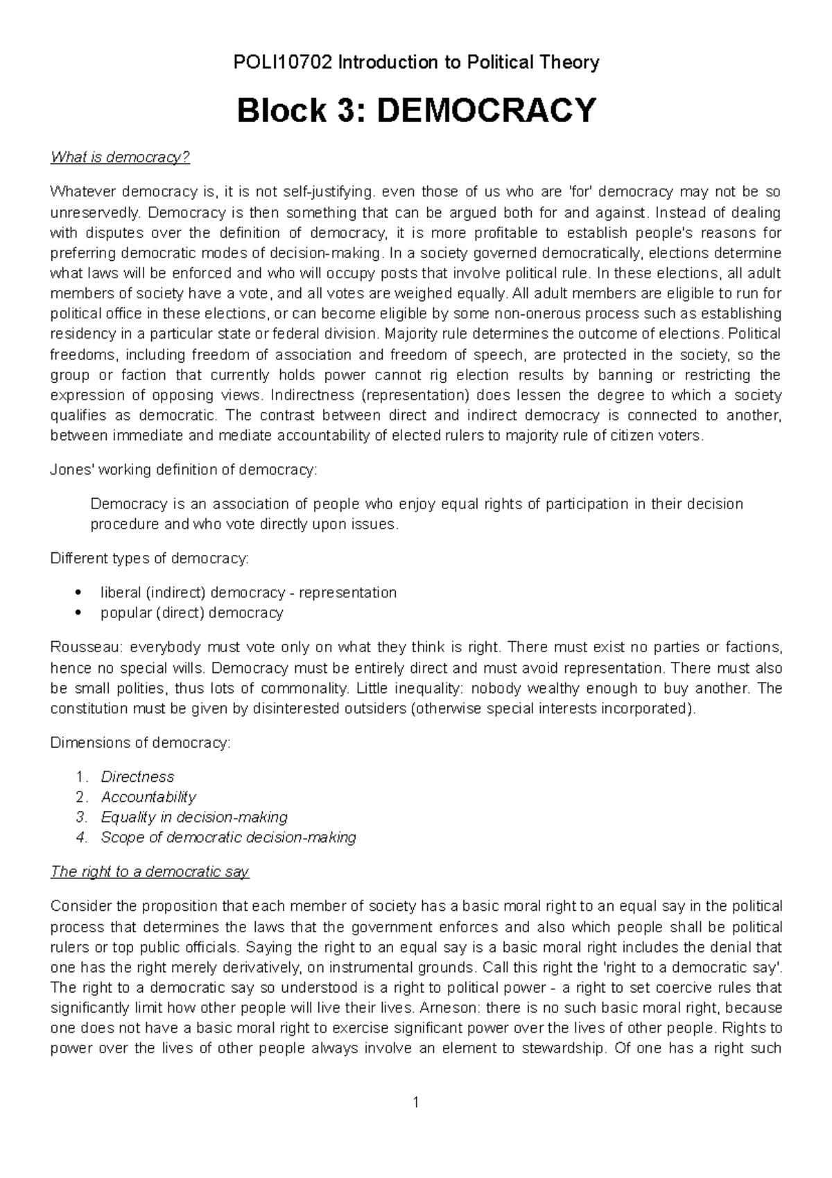 Summary - notes for exam - POLI10702 Introduction to Political Theory ...