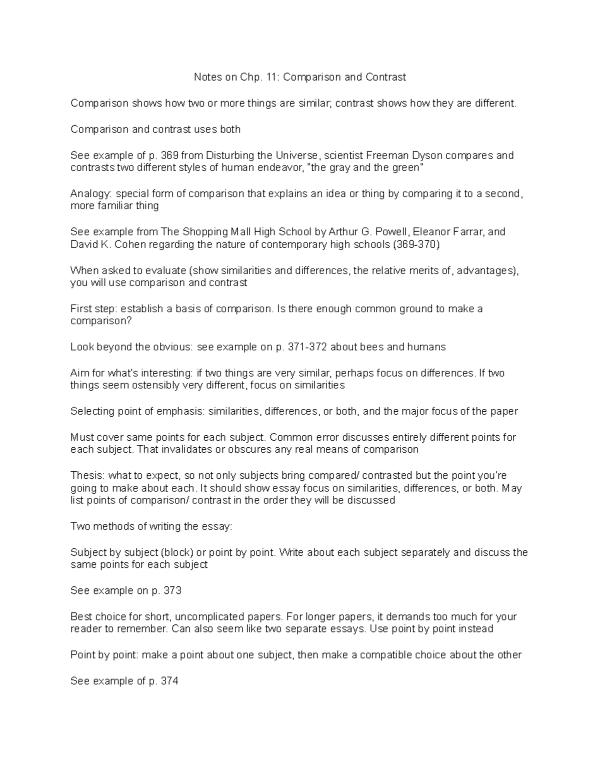 Comparison and contrast essay notes - Notes on Chp. 11: Comparison and ...