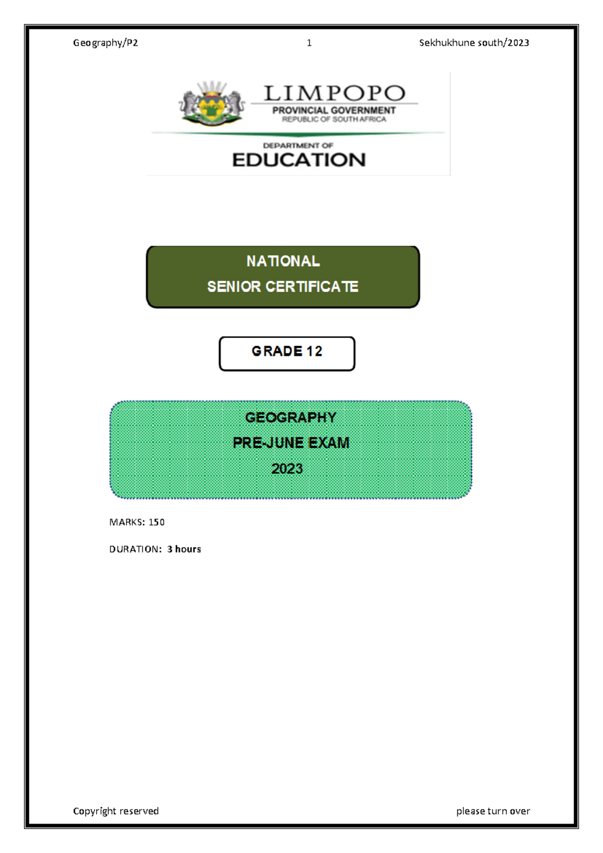 Grade 12 geography pre-june 2023 P2 - MARKS: 150 DURATION: 3 hours ...