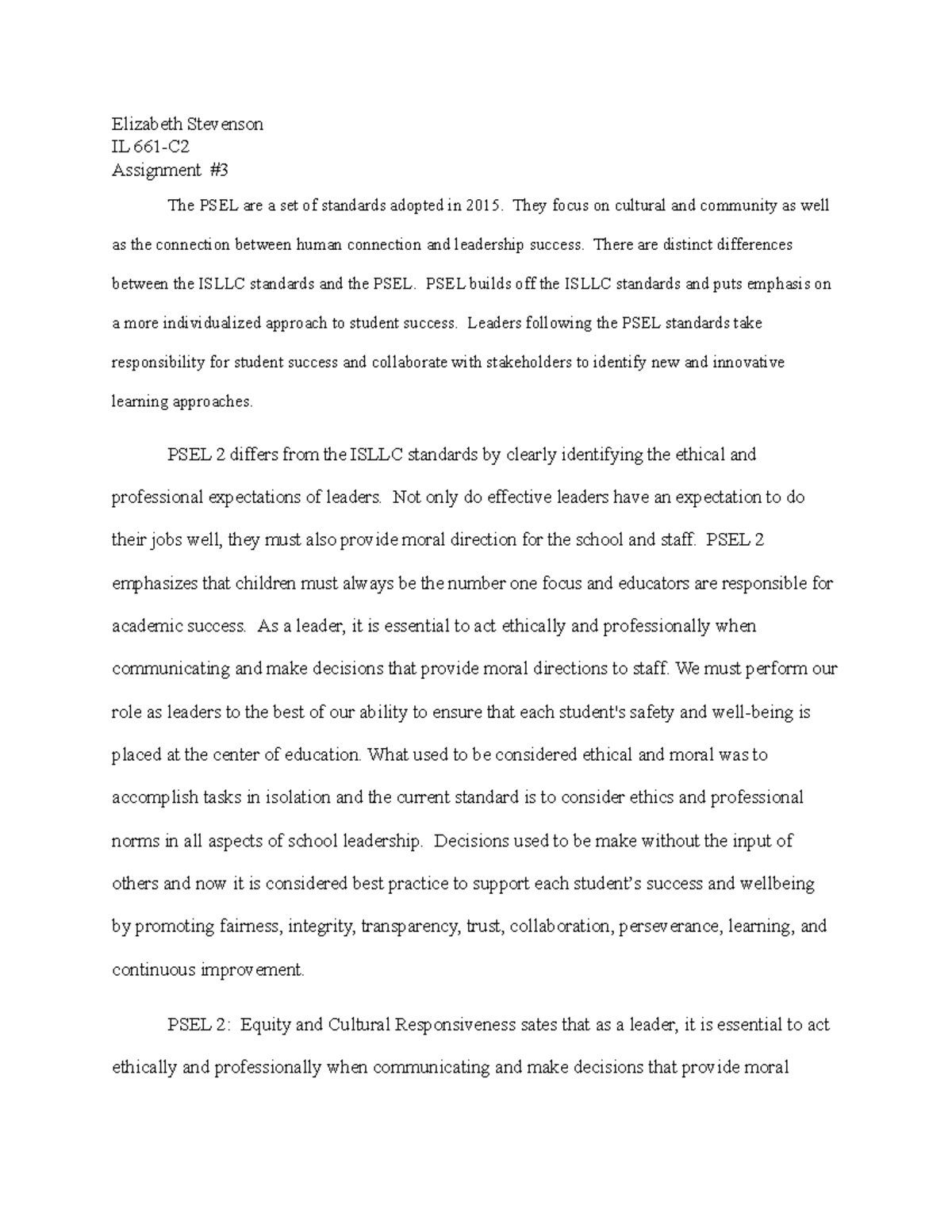 Assignment 3 PSEL standards - Elizabeth Stevenson IL 661-C Assignment ...