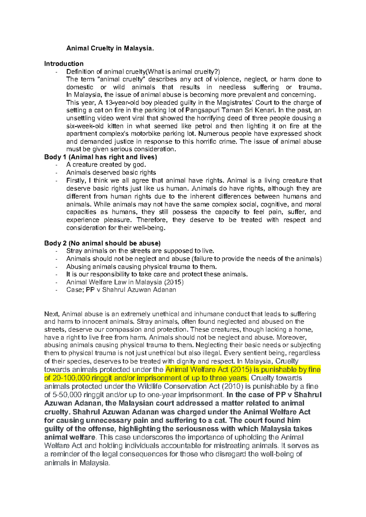 Public Speaking Outline - Animal Cruelty in Malaysia. Introduction ...