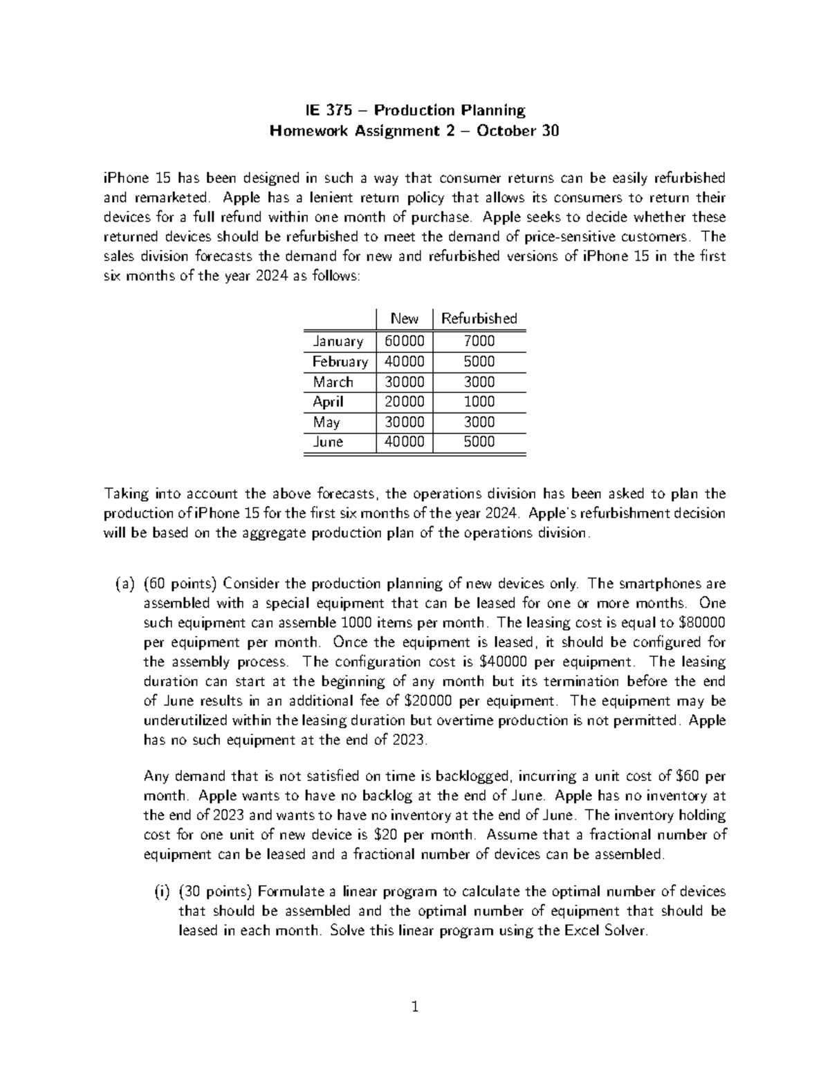 Homework 2 - IE 375 – Production Planning Homework Assignment 2 – October 30 iPhone 15 has been ...