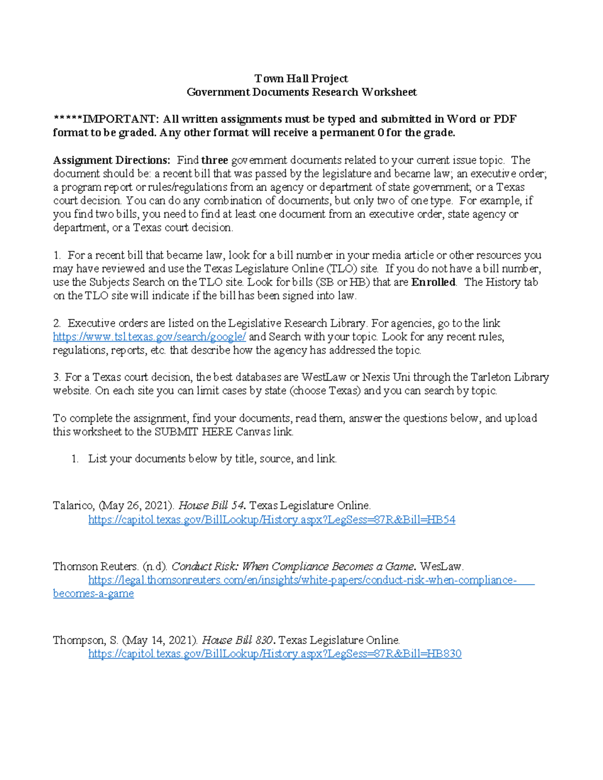 Government Documents Research Worksheet 2021F - Town Hall Project ...