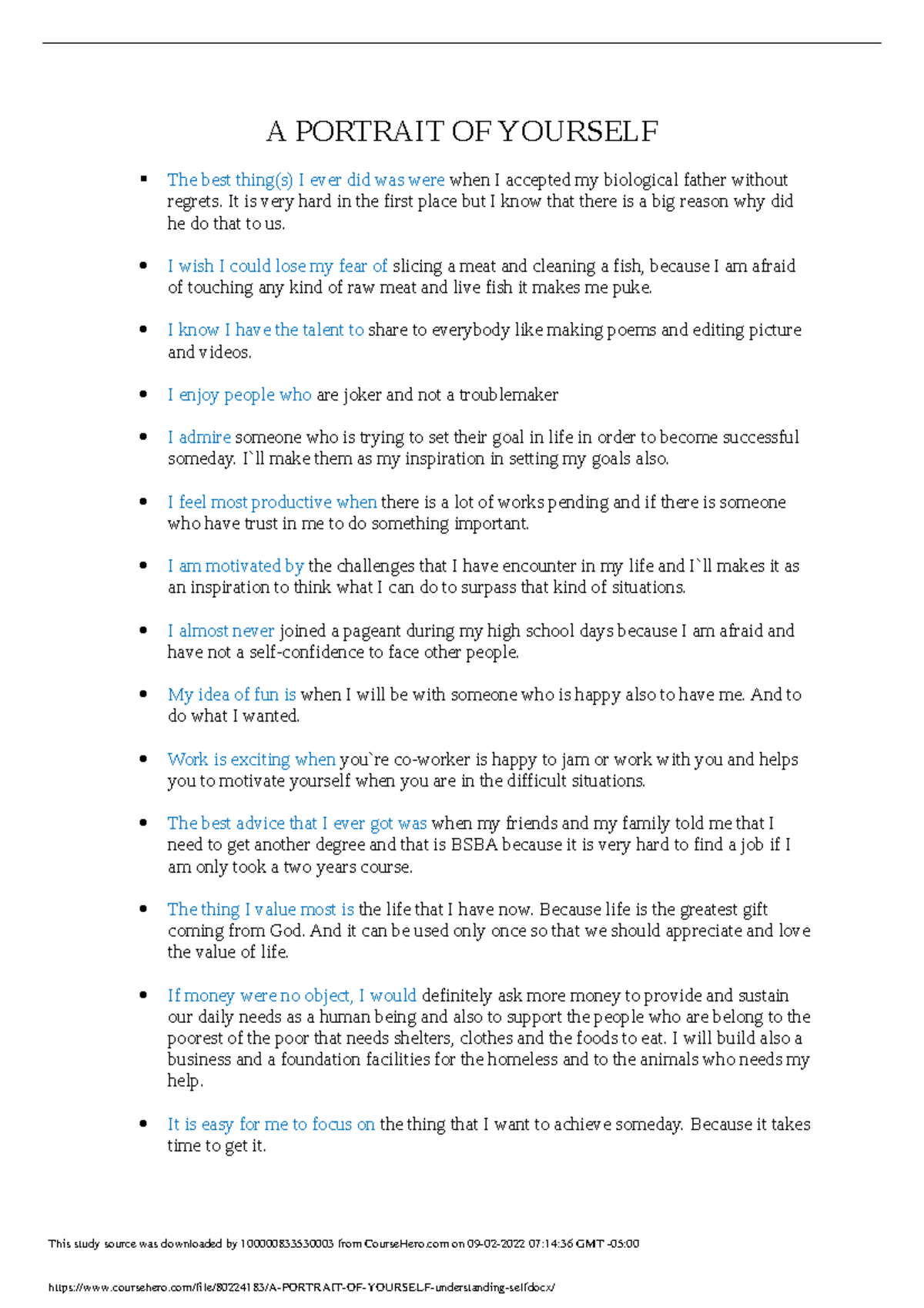 A Portrait OF Yourself understanding self - A PORTRAIT OF YOURSELF The ...