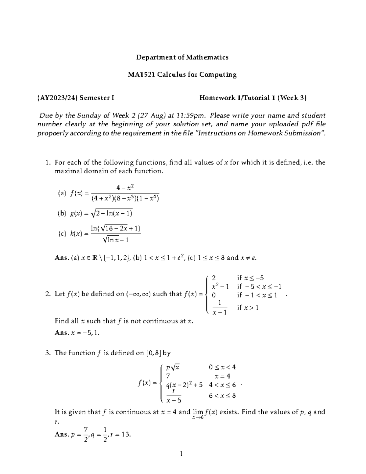 Tut1 - MA1521 Tutorial 1 - Department of Mathematics MA1521 Calculus for Computing (AY2023/24 ...