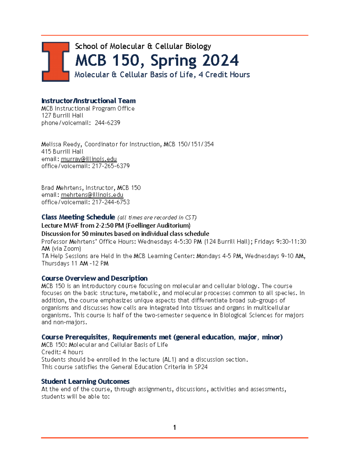 MCB150 Syllabus SP24 - mcb - School of Molecular & Cellular Biology MCB ...